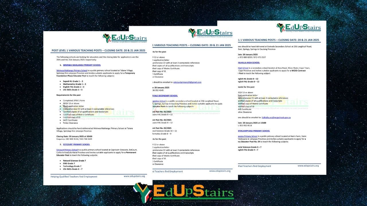 POST LEVEL 1 VARIOUS TEACHING POSTS CLOSING ON THE 20th & 21st JANUARY ...