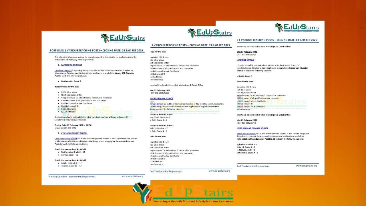 POST LEVEL 1 VARIOUS TEACHING POSTS CLOSING ON THE 3rd & 4th FEBRUARY ...