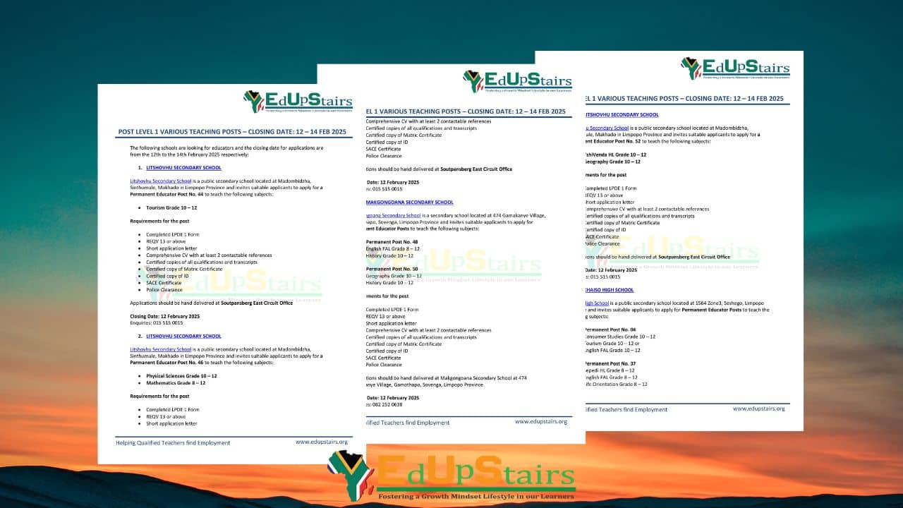 POST LEVEL 1 VARIOUS TEACHING POSTS CLOSING FROM THE 12th - 14th ...