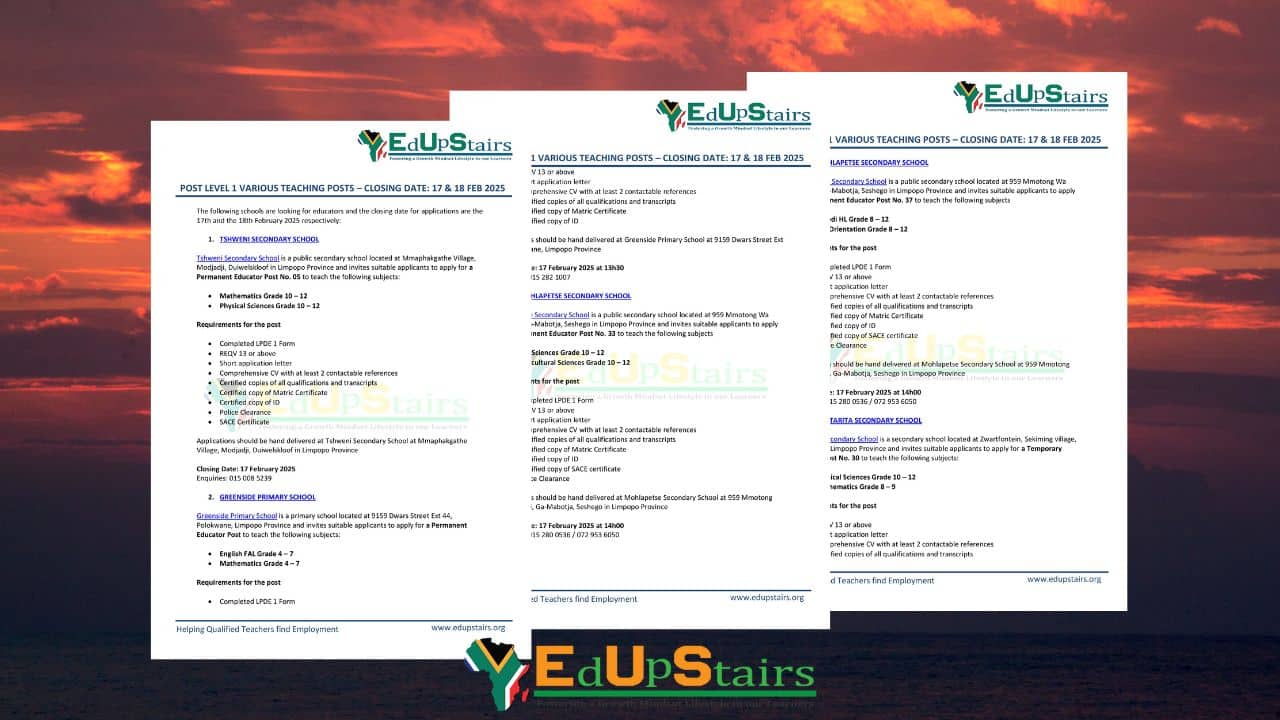 POST LEVEL 1 VARIOUS TEACHING POSTS CLOSING ON THE 17th & 18th FEBRUARY ...