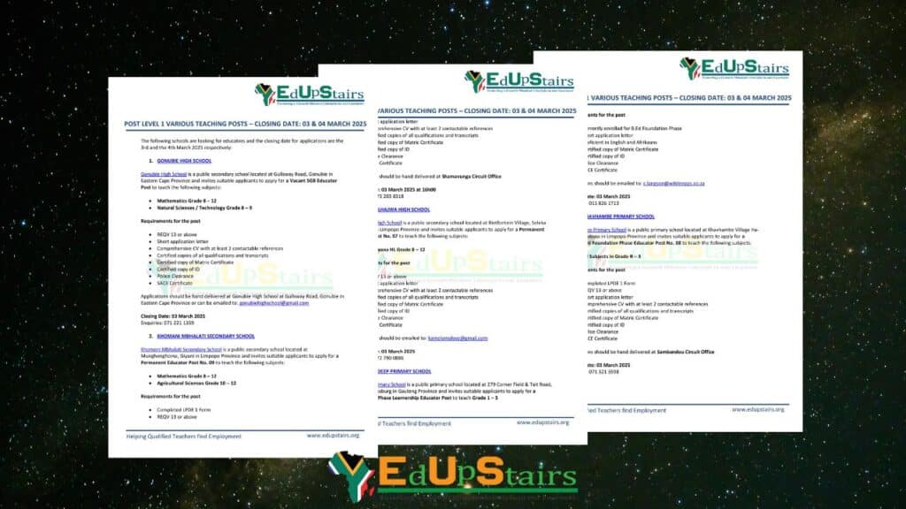 POST LEVEL 1 VARIOUS TEACHING POSTS CLOSING ON THE 3rd & 4th MARCH 2025 ...