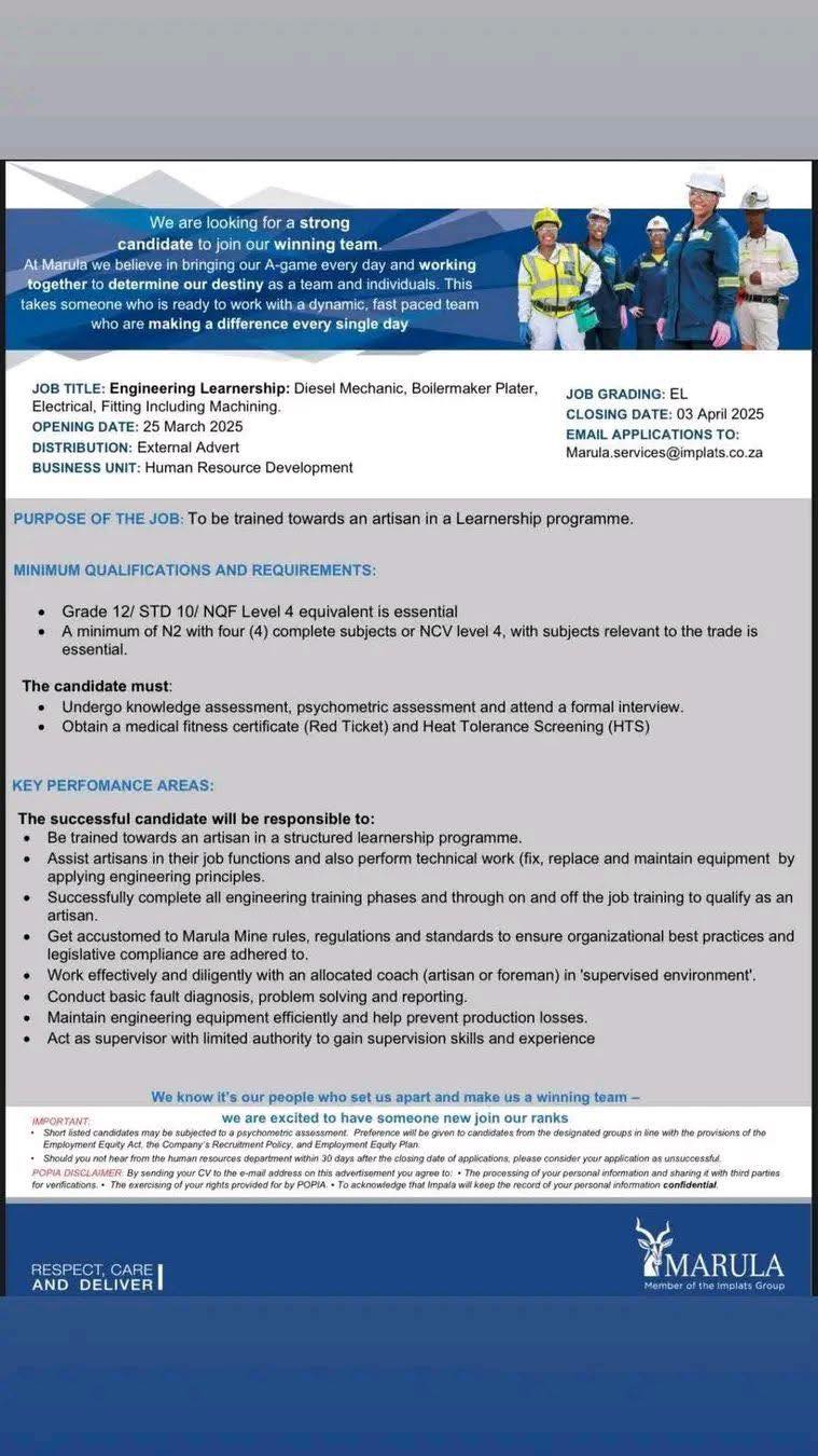 Engineering Learnership Positions at Implats | Apply with Matric ...