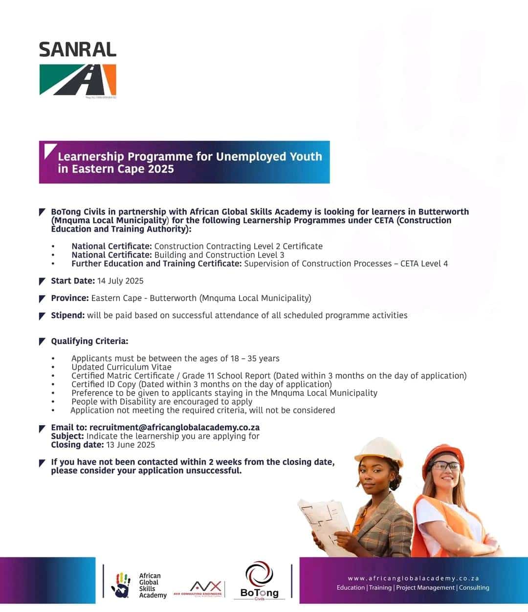 SANRAL Learnership Programme for Unemployed Youth for 2025 - Edupstairs