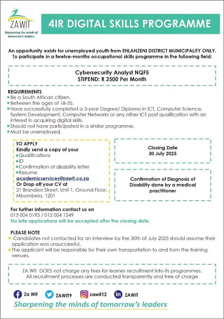 4IR Cybersecurity Analyst Digital Skills Learnership Programme for 2025 ...