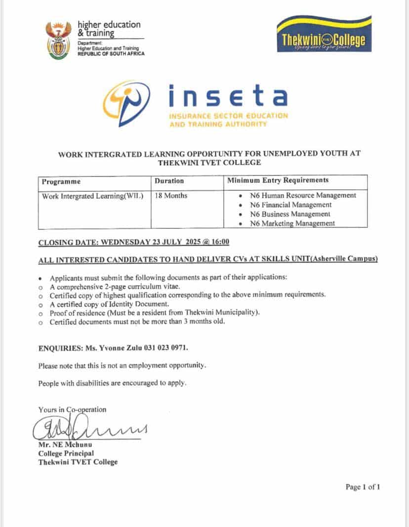 Thekwini TVET College and INSETA WIL Programme for 2025 - Edupstairs