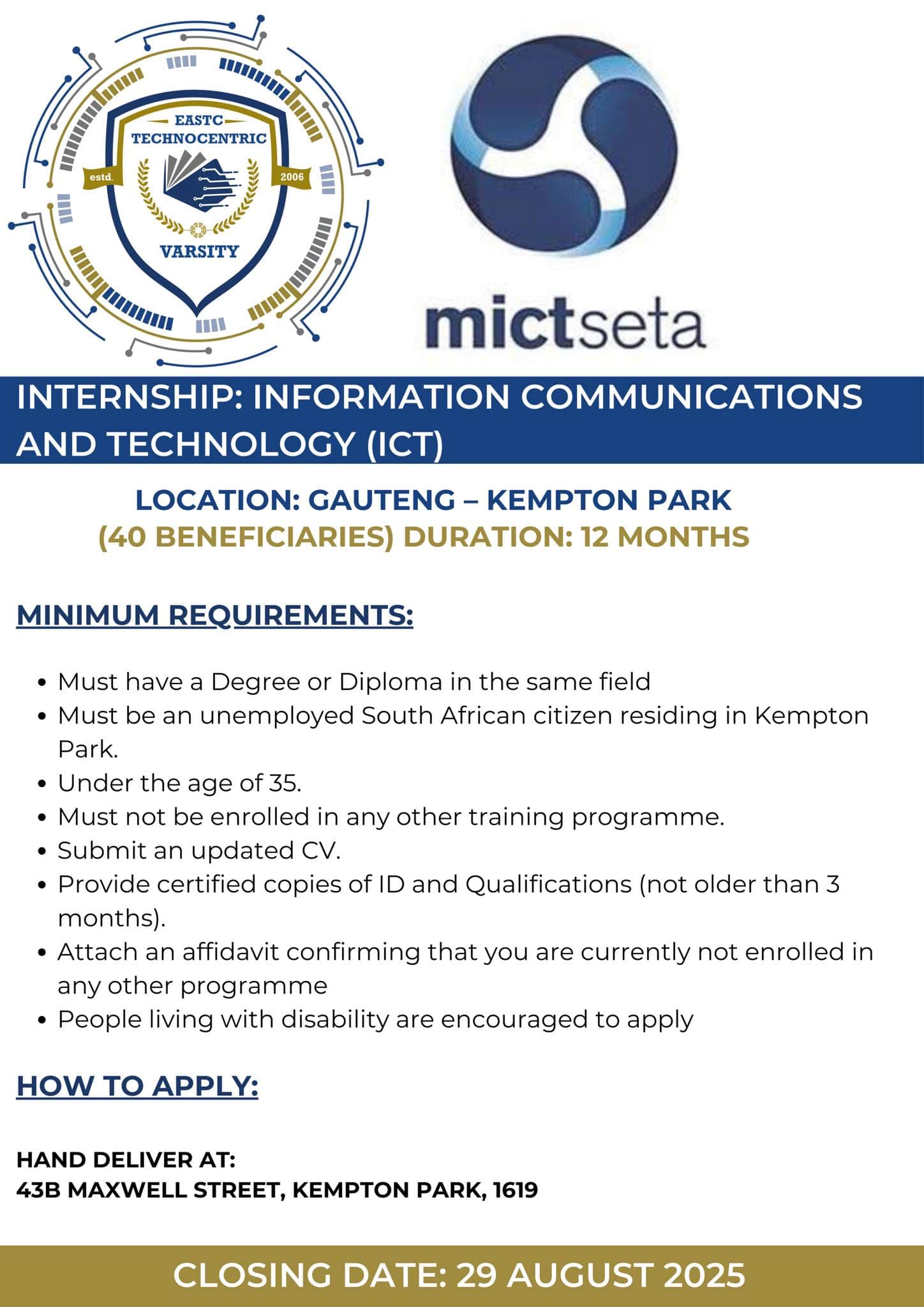 EASTC Technocentric Varsity & MICT SETA: ICT Internship Programme (X40 ...