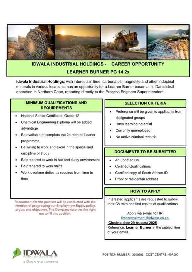 Idwala Industrial Holdings Burner Learnership Programme 2025 - Edupstairs