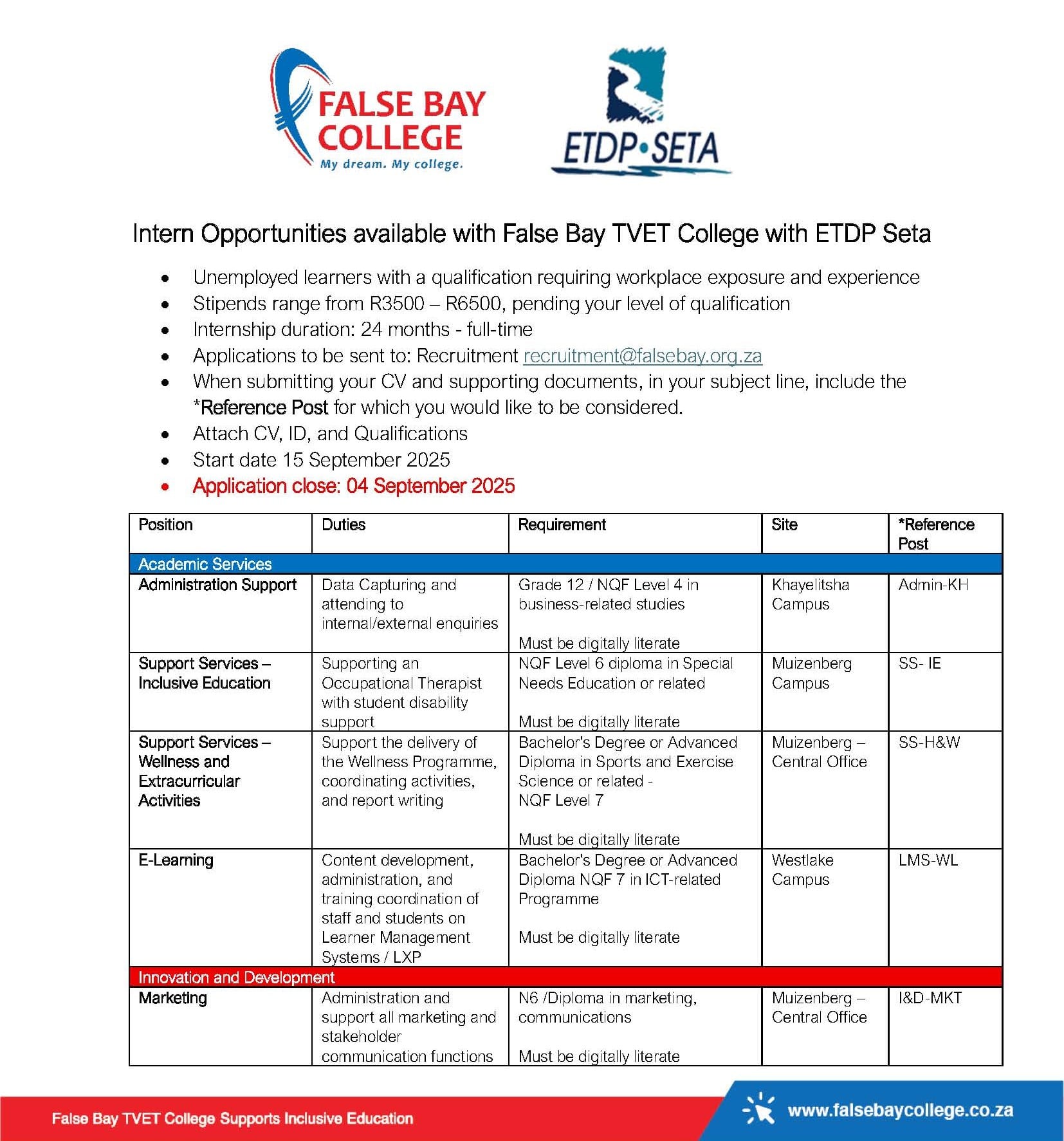 False Bay TVET College & ETDP SETA Internship Programme 2025 - Edupstairs