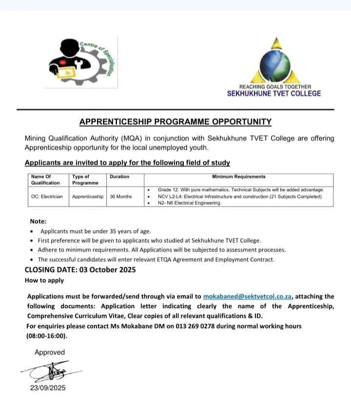 Mining Qualifications Authority (MQA) Electrician Apprenticeship ...
