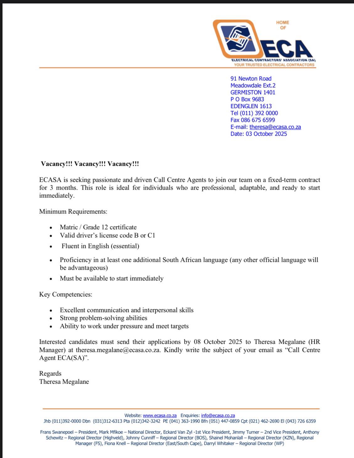 Electrical Contractors Association South Africa (ECASA) Call Centre ...