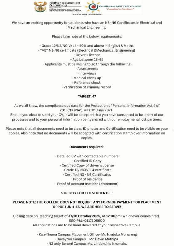 Apply now: Ekurhuleni East TVET College Engineering Internship ...